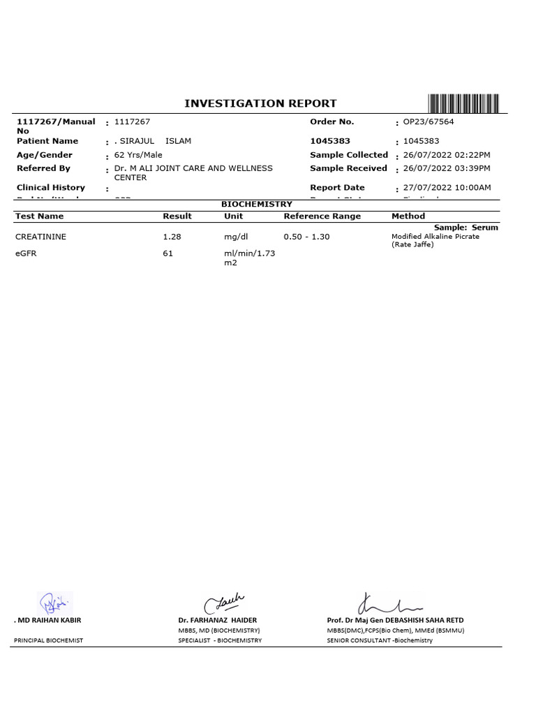 Biochemistry Test Results for Patient | PDF