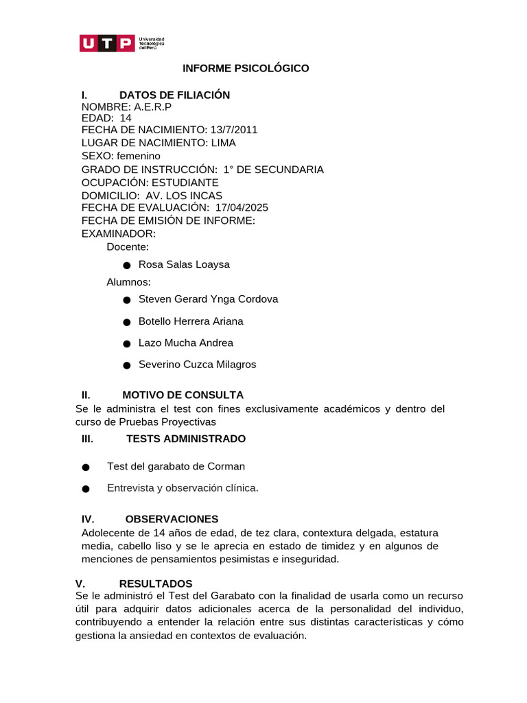 Informe Psicologico, Garabatos | PDF | Las emociones | Ciencias del comportamiento
