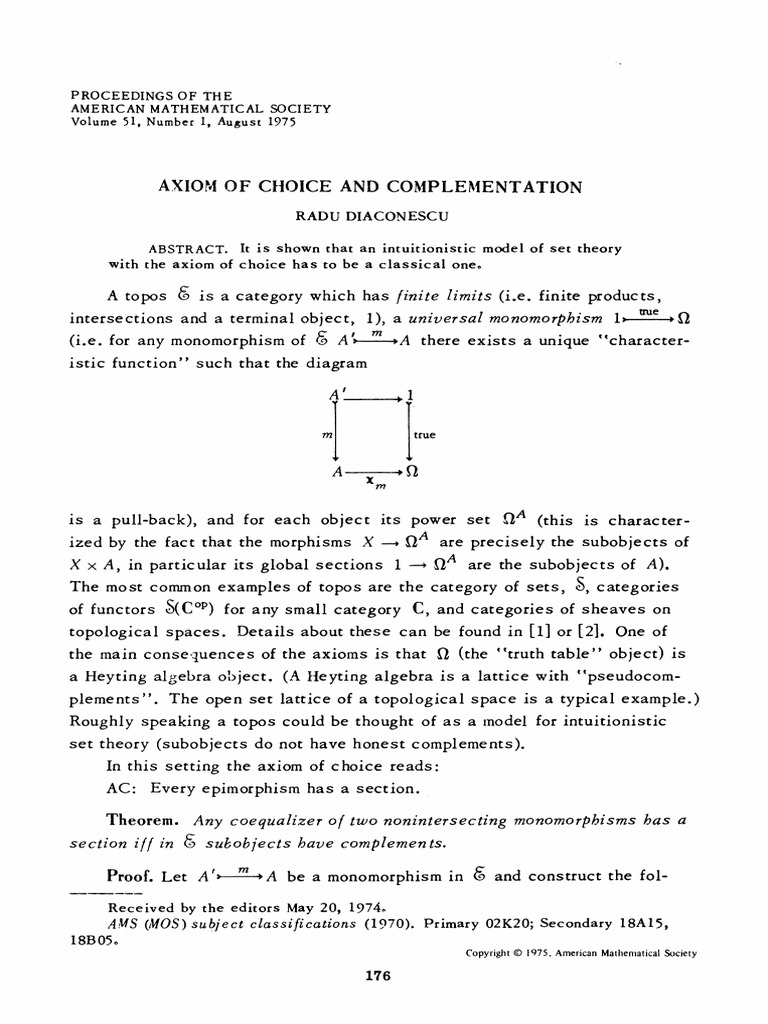 Diaconescu AXIOM OF CHOICE AND COMPLEMENTATION | PDF | Mathematics | Mathematical Structures