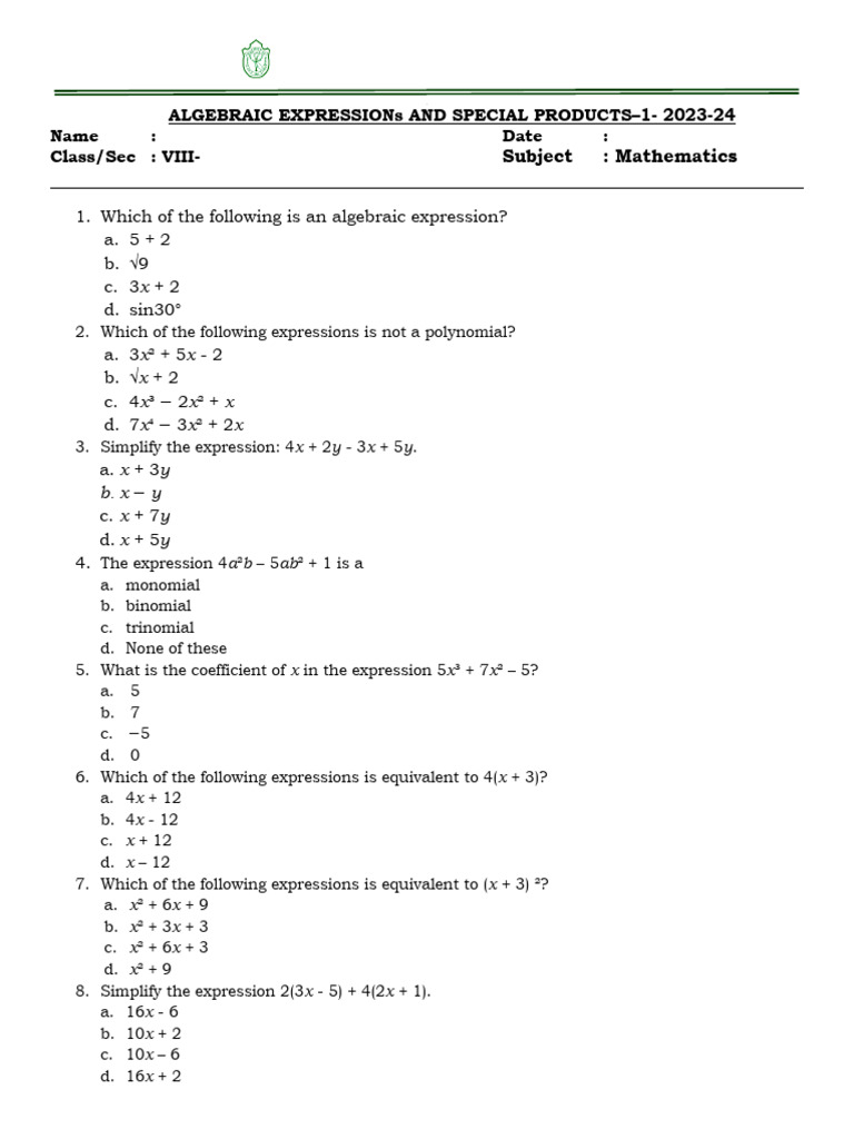 CL 8 - Math - WS - Algebraic Expressions& Special Products-Part-1 | PDF ...