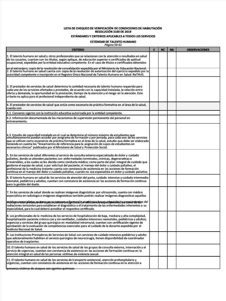 Lista de Chequeo Resolución 3100 | PDF