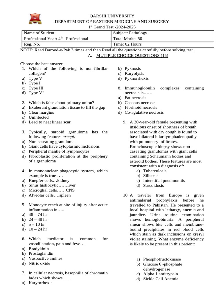 Pathology First Grand Test 2024-25 | PDF | Lung Cancer | Anemia