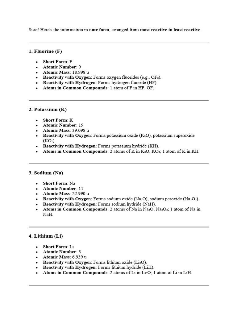 Reactivity Elements | PDF | Hydrogen | Chemical Reactions