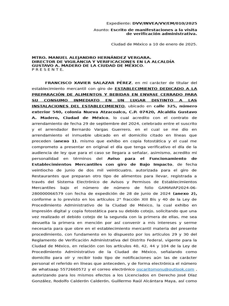 Escrito de Observaciones A Visita de Verificación de Invea | PDF | México