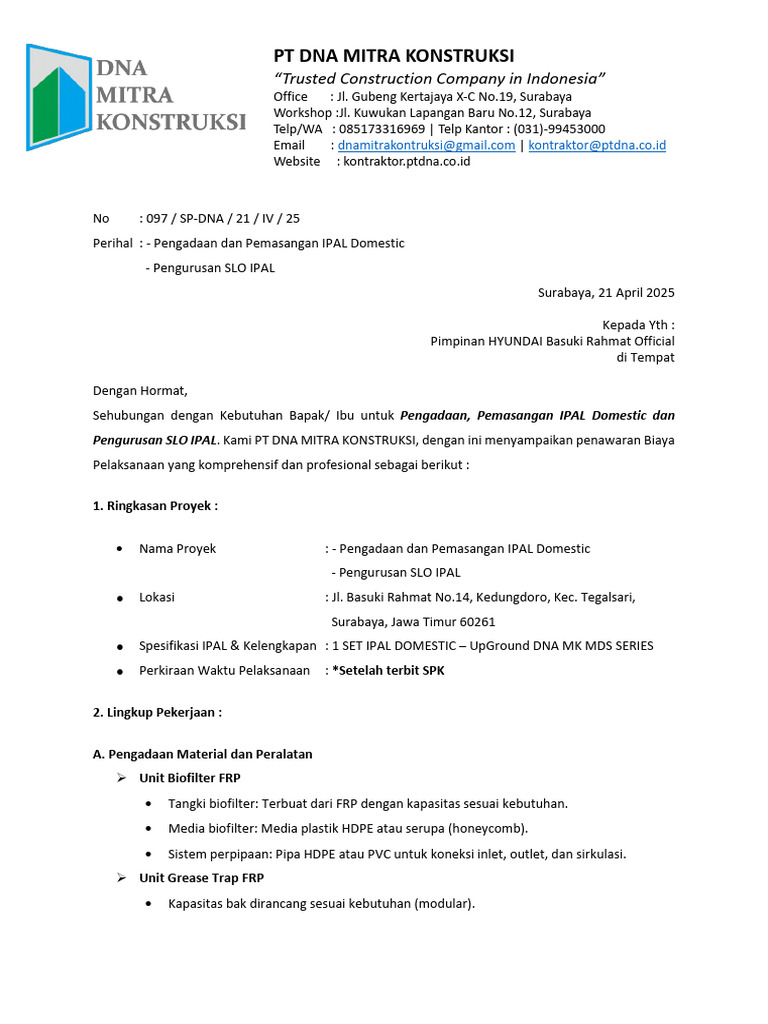 Surat Penawaran Pengadaan Dan Pemasangan Ipal | PDF