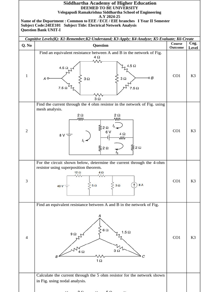 Question Bank 24EE101 - Electrical Network Analysis - UNIT-1 | PDF