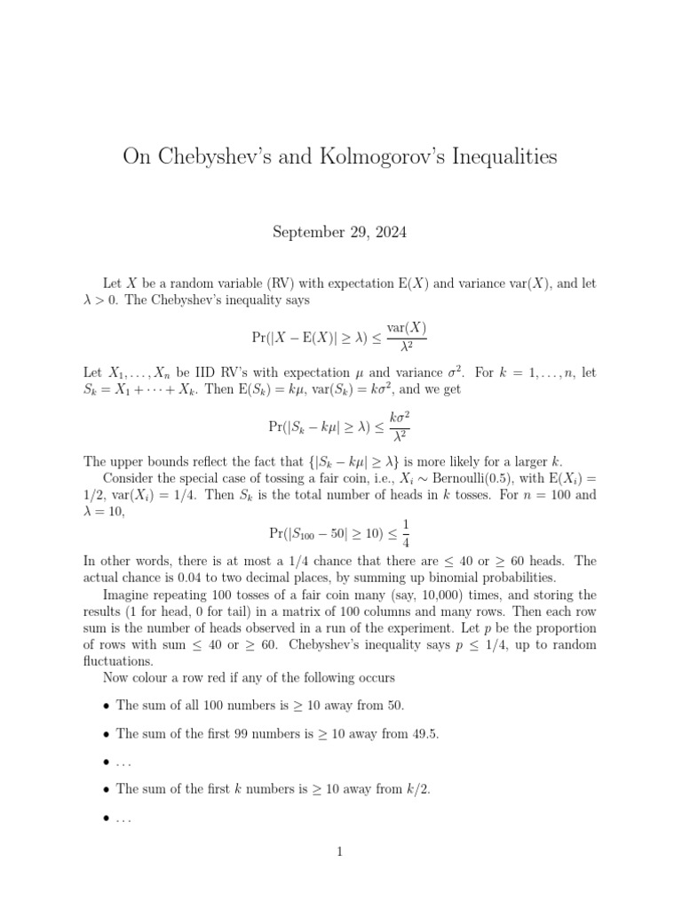 Chebyshev’s and Kolmogorov’s Inequalities | PDF | Variance | Expected Value