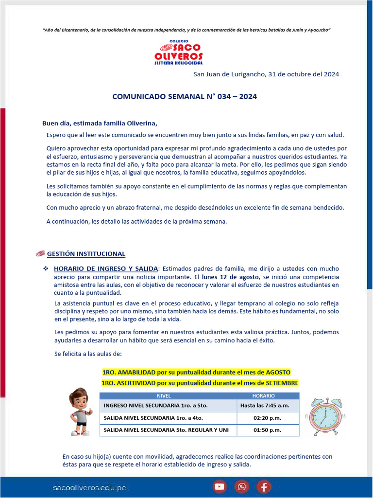 Comunicado Semanal 034 - Secundaria -Nsj (1) | PDF