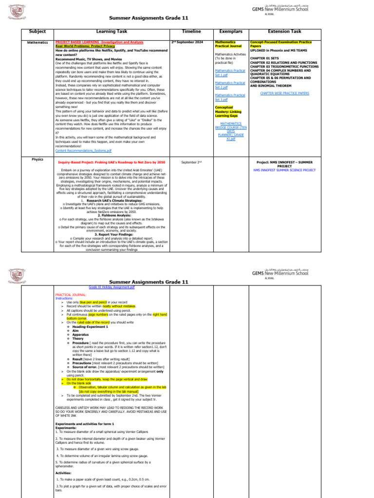 Summer Assignments_Grade 11 | PDF | Psychology | Redox