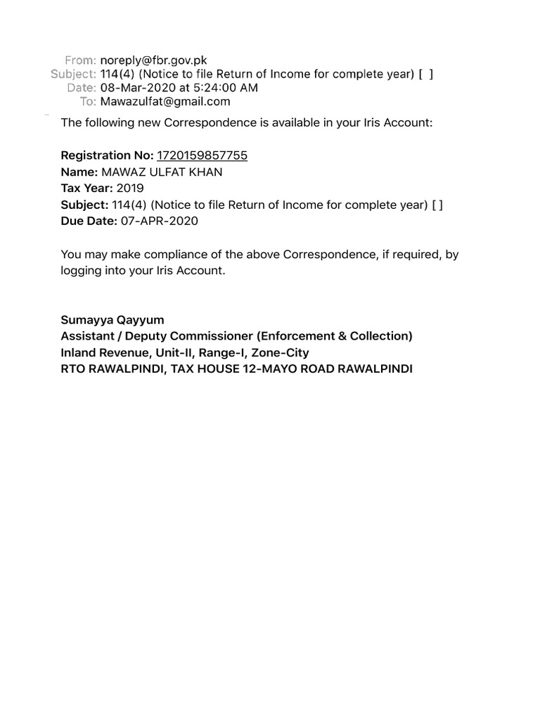 114 (4) (Notice To File Return of Income For Complete Year) | PDF