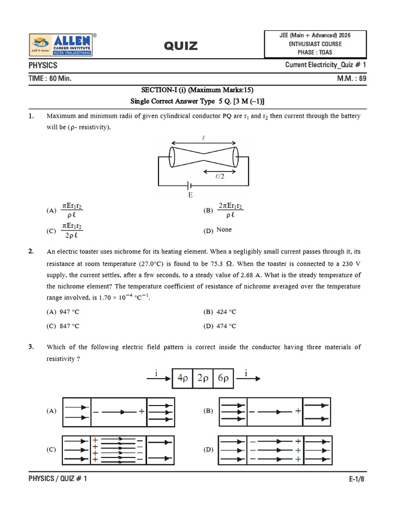 01 Quiz (Current Electricity) Eng 1001PJA106216250151 | PDF ...