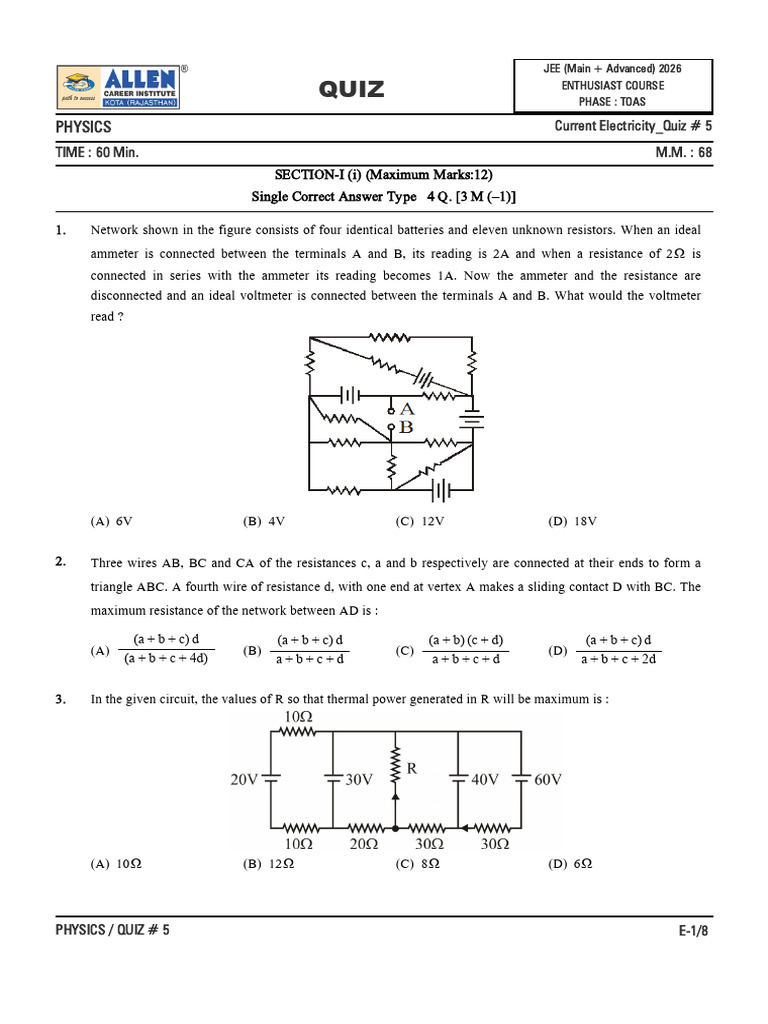 JEE 2026 Physics Current Electricity Quiz | PDF | Resistor | Voltage