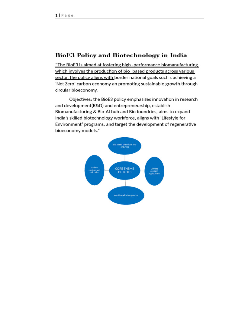 BioE3 Policy and Biotechnology in India | PDF