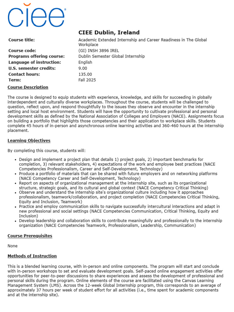 (Gi) Insh 3896 Irel - Fall 2025 | PDF | Goal | Internship