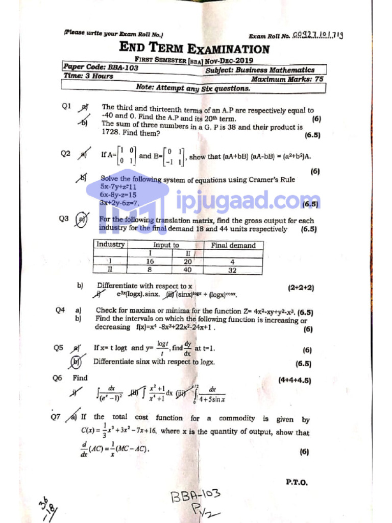 Ipjugaad Bba 1st Sem Business Mathematics Paper 2019 | PDF