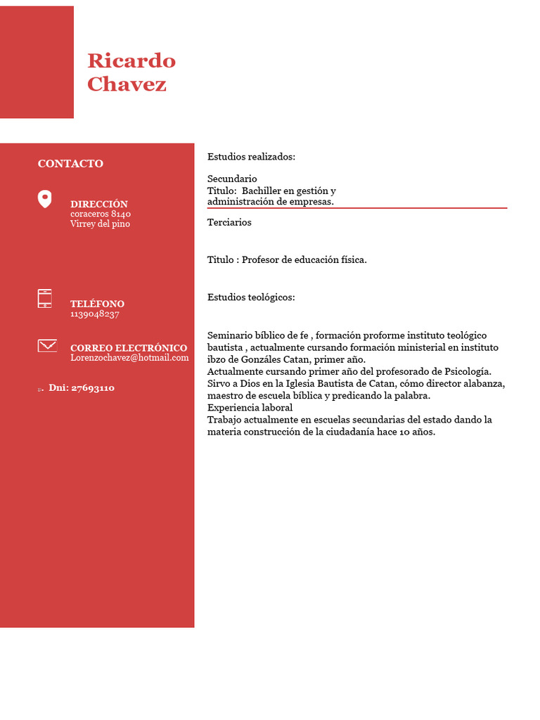 Perfil de Ricardo Chavez: Educación y Experiencia | PDF