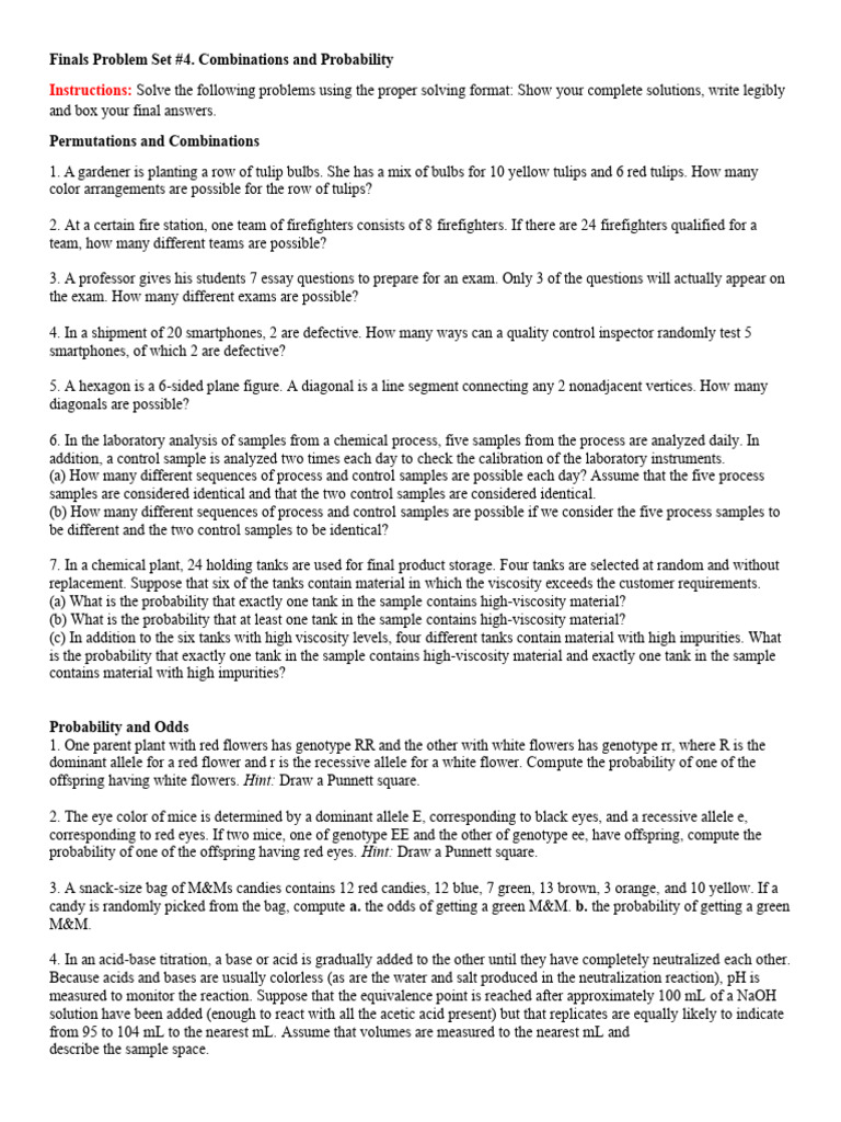 Finals Problem Set4. Combinatorics and Probability | PDF | Genotype | Dominance (Genetics)
