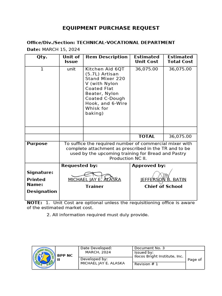 Kitchen Aid Mixer Purchase Request | PDF