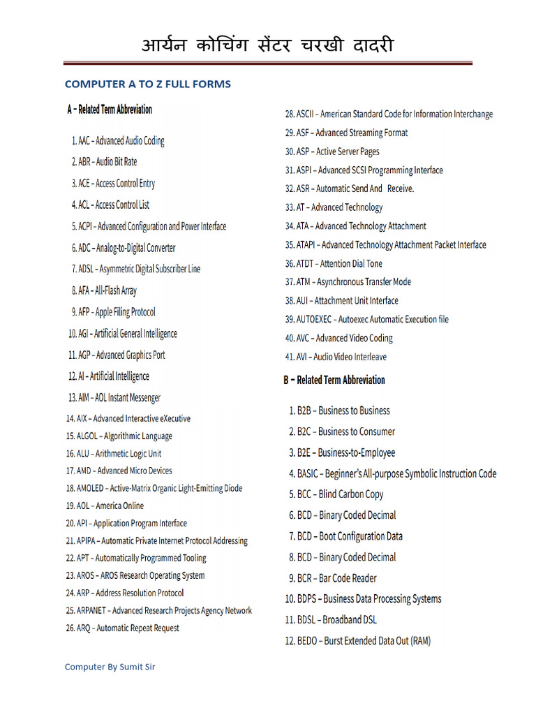 Computer A To Z Full Forms: Computer by Sumit Sir | PDF | Computing ...
