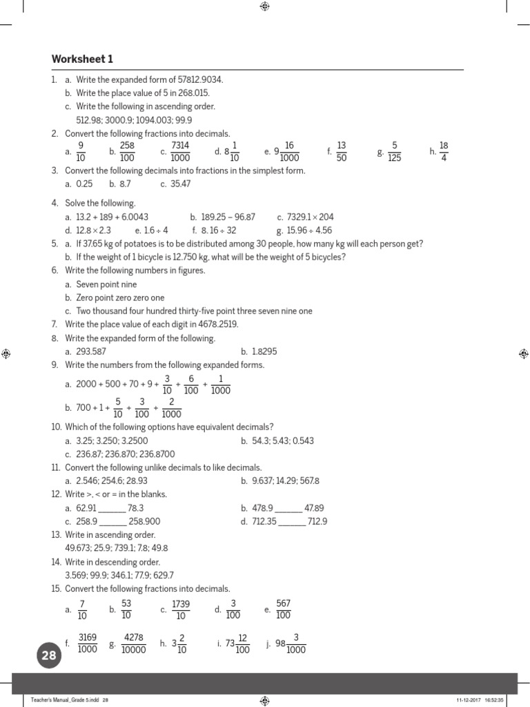 Math Class 5th Worksheet - 5 | PDF | Decimal | Elementary Mathematics