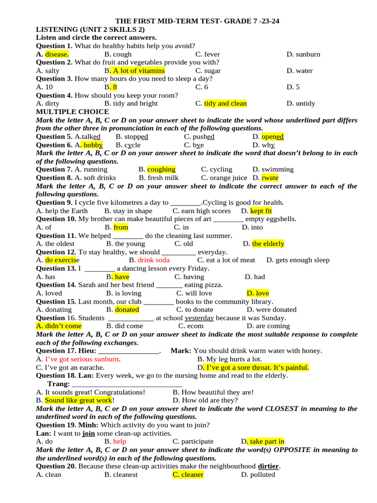 First Mid Term Test - Grade 7 | PDF | Recipe