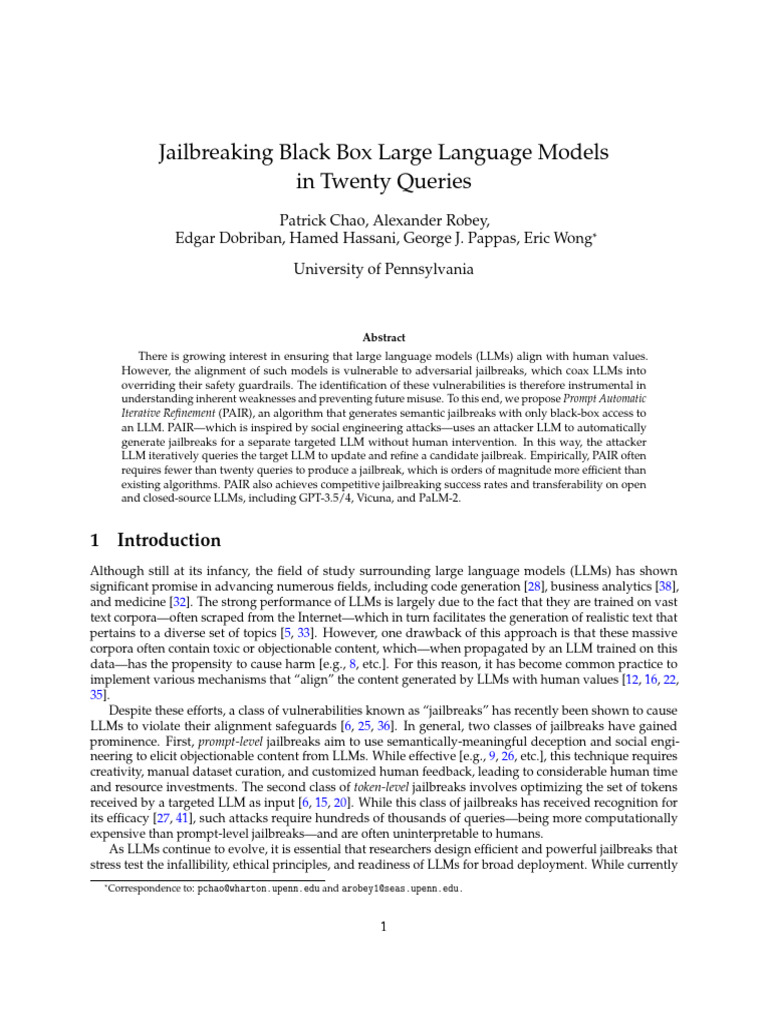 Jailbreaking Black Box Large Language Models in Twenty Queries | PDF | Artificial Intelligence ...