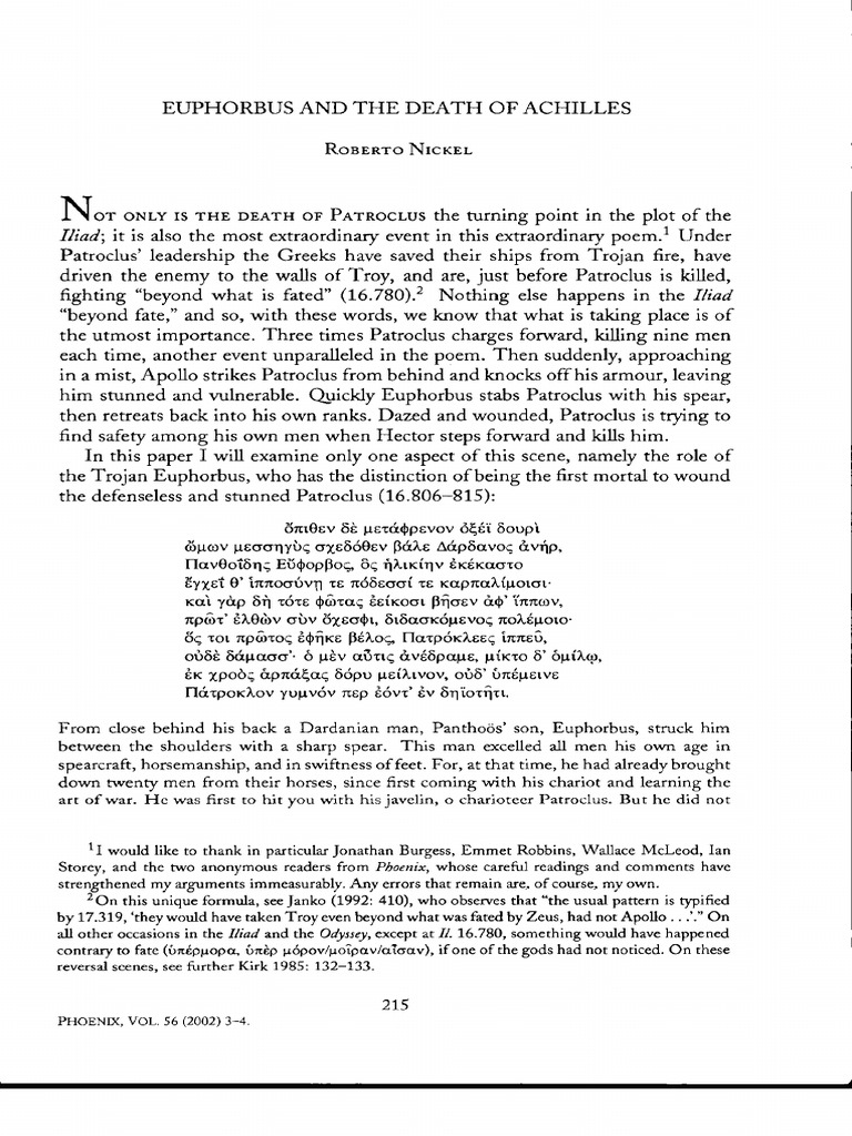 Euphorbos and The Death of Achilles | PDF | Achilles | Iliad