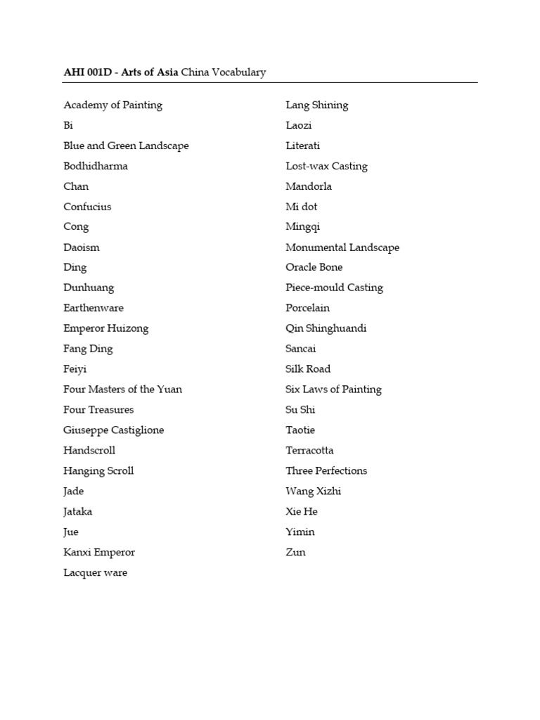 China Vocabulary - Arts of Asia | PDF