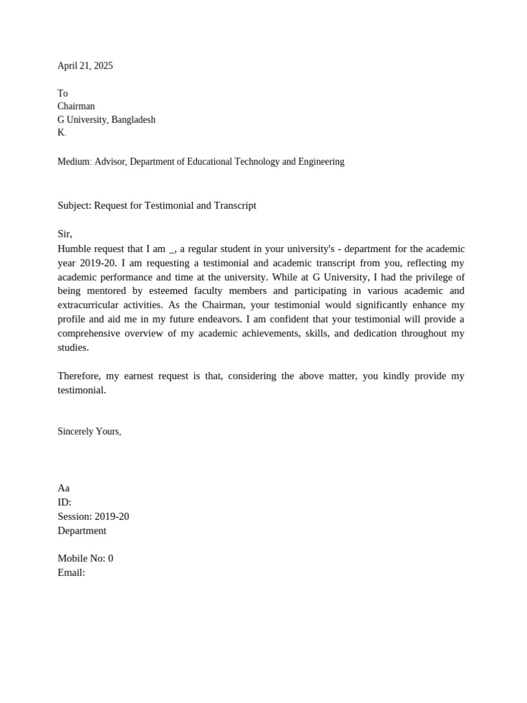 Request for Academic Testimonial | PDF