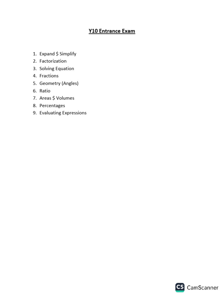 Y10 Math Entrance Exam Guide | PDF