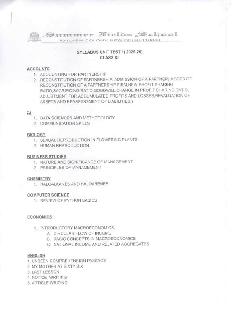 Class Xii Syllabus Unit Test 1 202526 | PDF