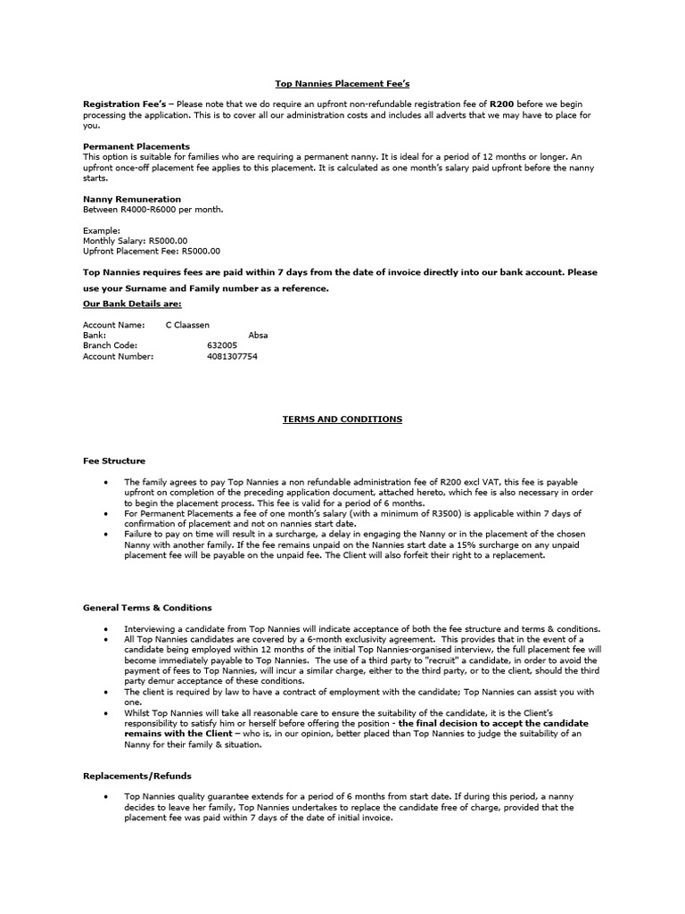 Nanny-Terms-and-conditions-and-Fee-structure-1 | PDF | Legal Liability ...