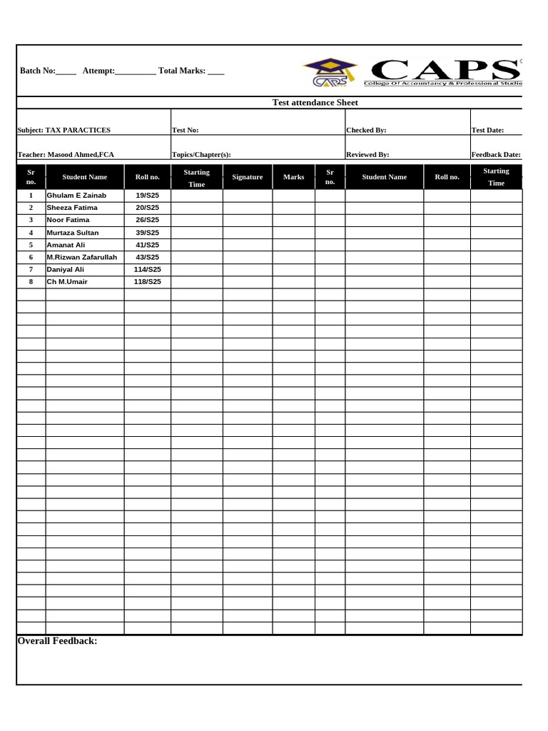 CAF-2 Test Attendence Sheet | PDF