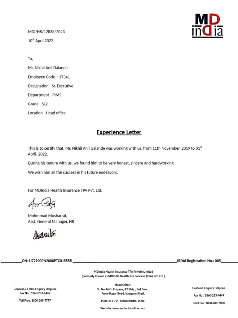 Experience Letter | PDF
