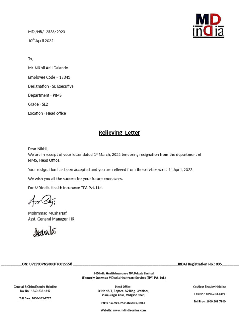 Relieving Letter for Nikhil Galande | PDF