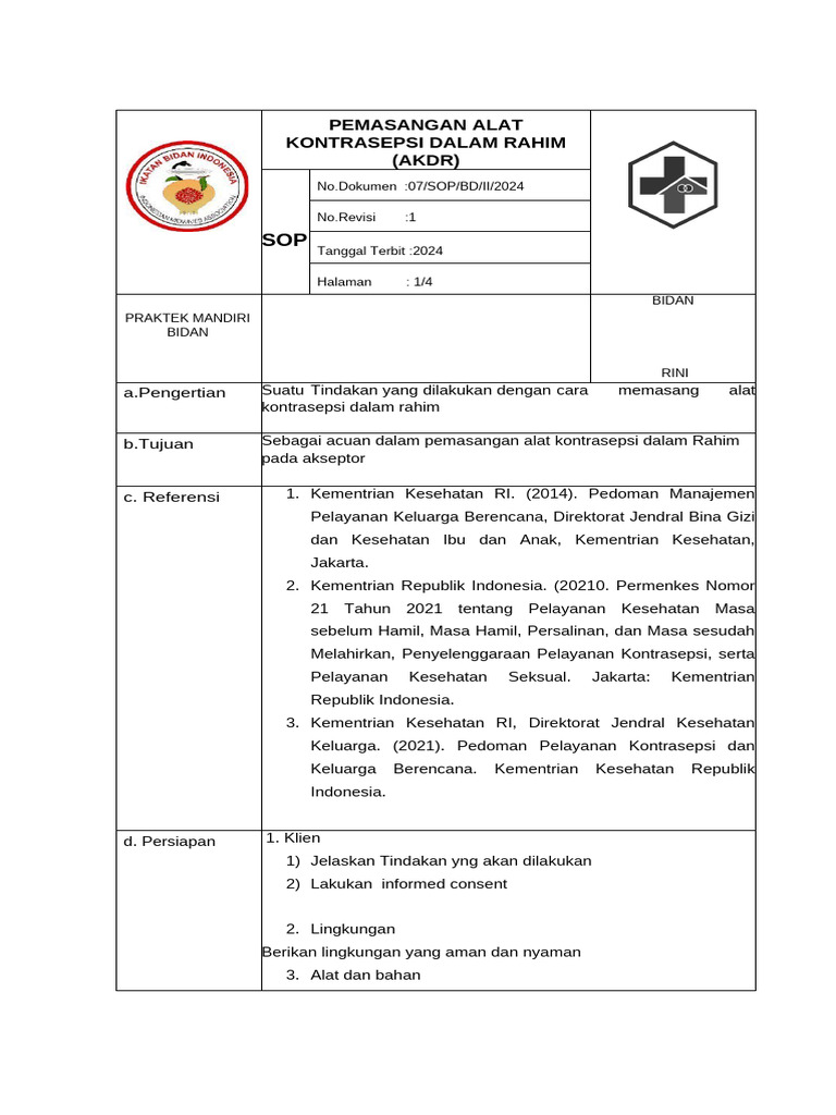 Sop Pemasangan Alat Kontasepsi Akdr | PDF
