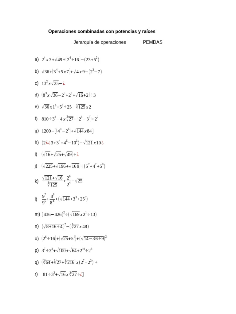 Operaciones combinadas con potencias y raíces | PDF