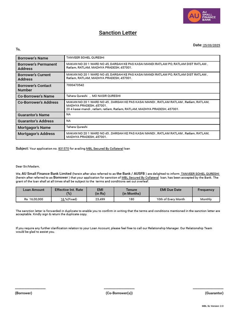 Sanction Letter | PDF | Loans | Interest