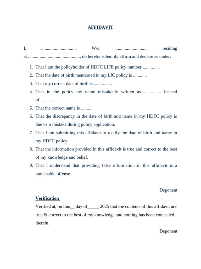 HDFC Life Policy Affidavit Template | PDF