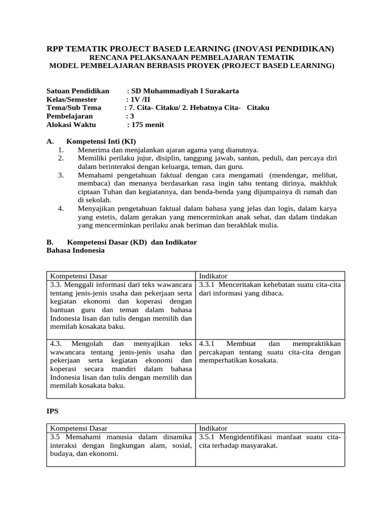 RPP Tematik Project Based Learning | PDF