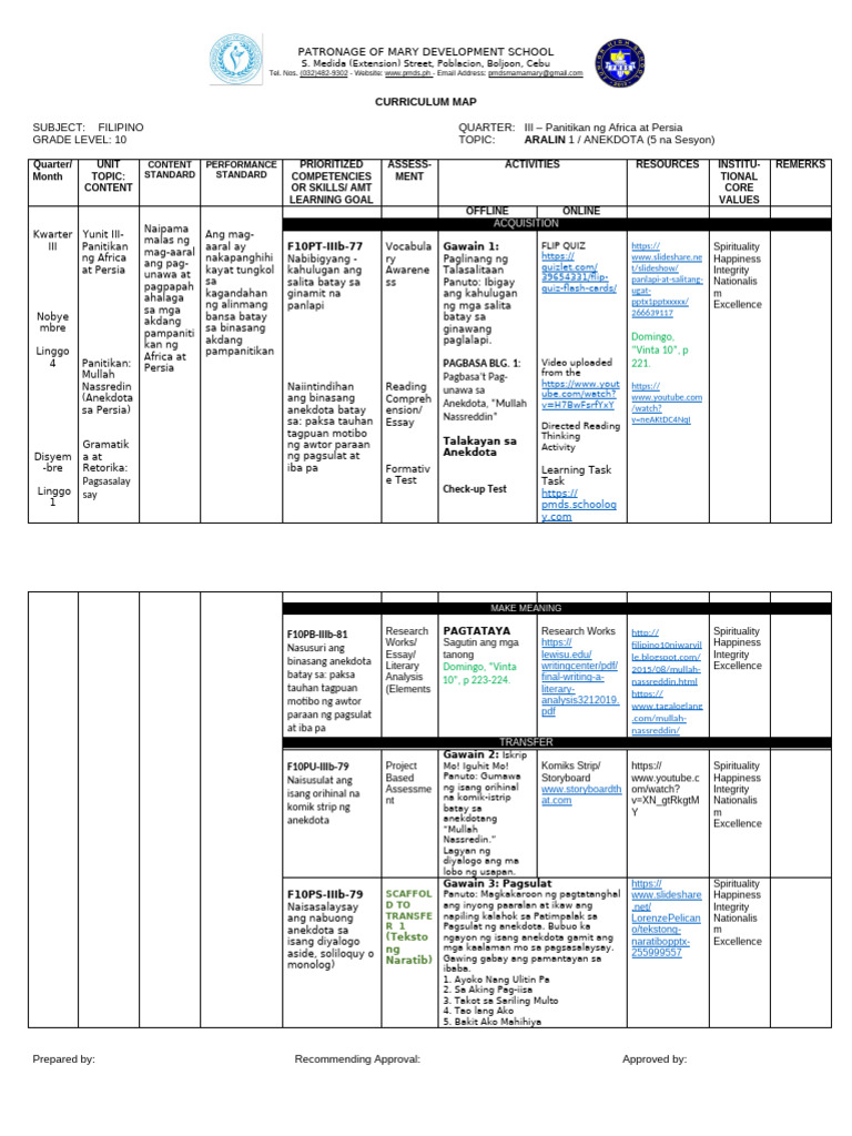FILIPINO 10 Curriculum Map Q3 - A1 - ANEKDOTA | PDF