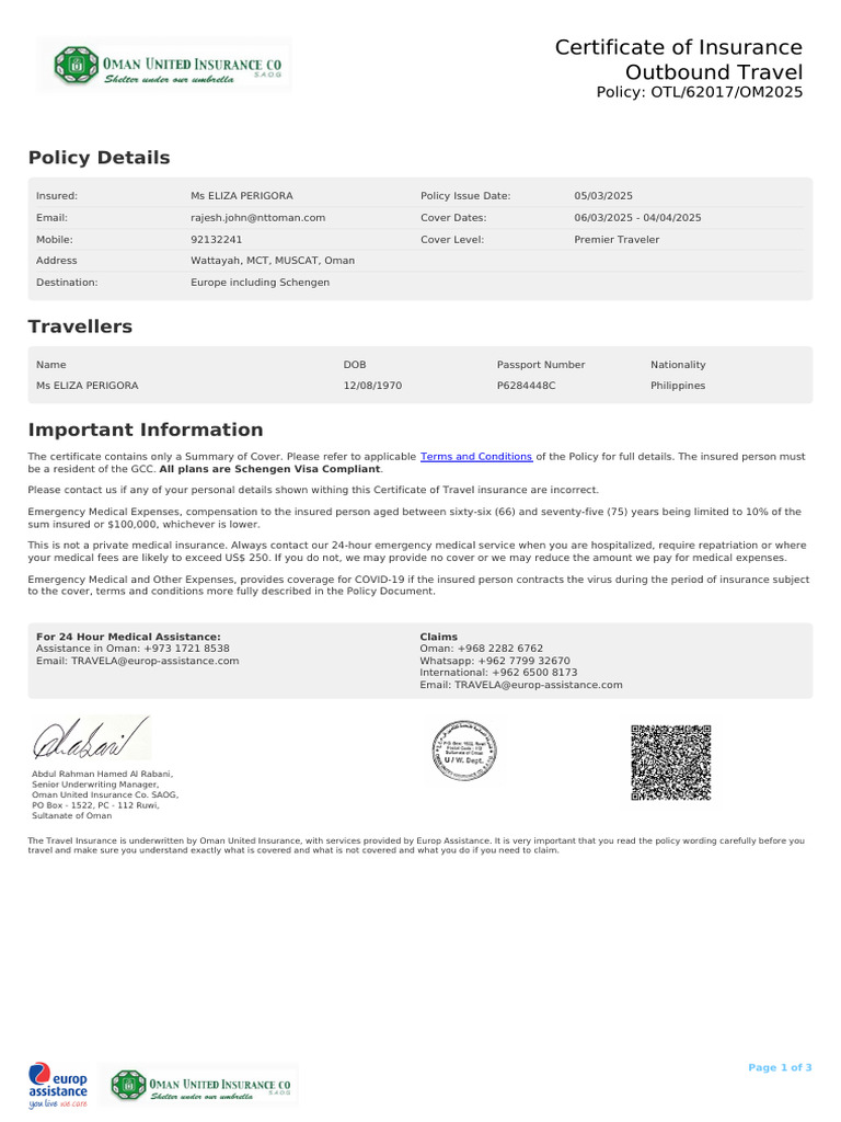 Travel Insurance Certificate for Eliza Perigora | PDF | Insurance