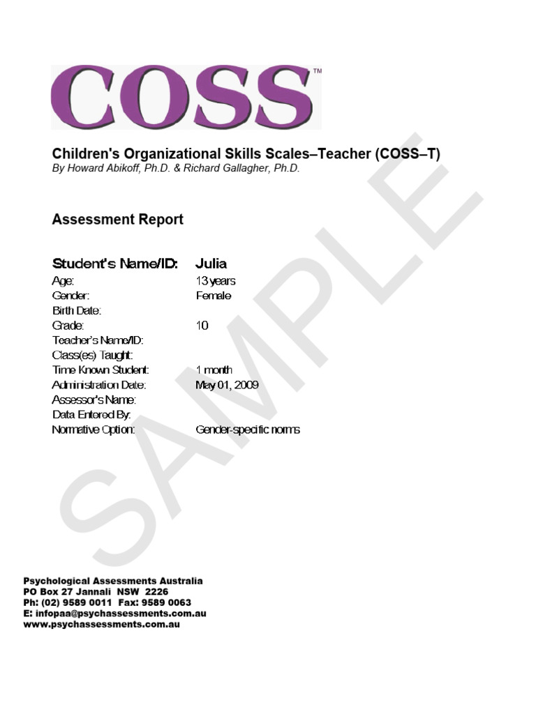 COSS Assessment Report Teacher | PDF | Standard Score | Behavioural ...