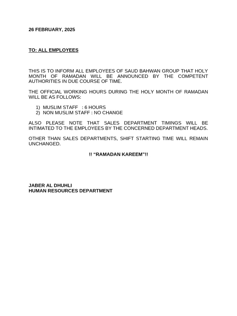 Ramadan Working Hours Announcement | PDF