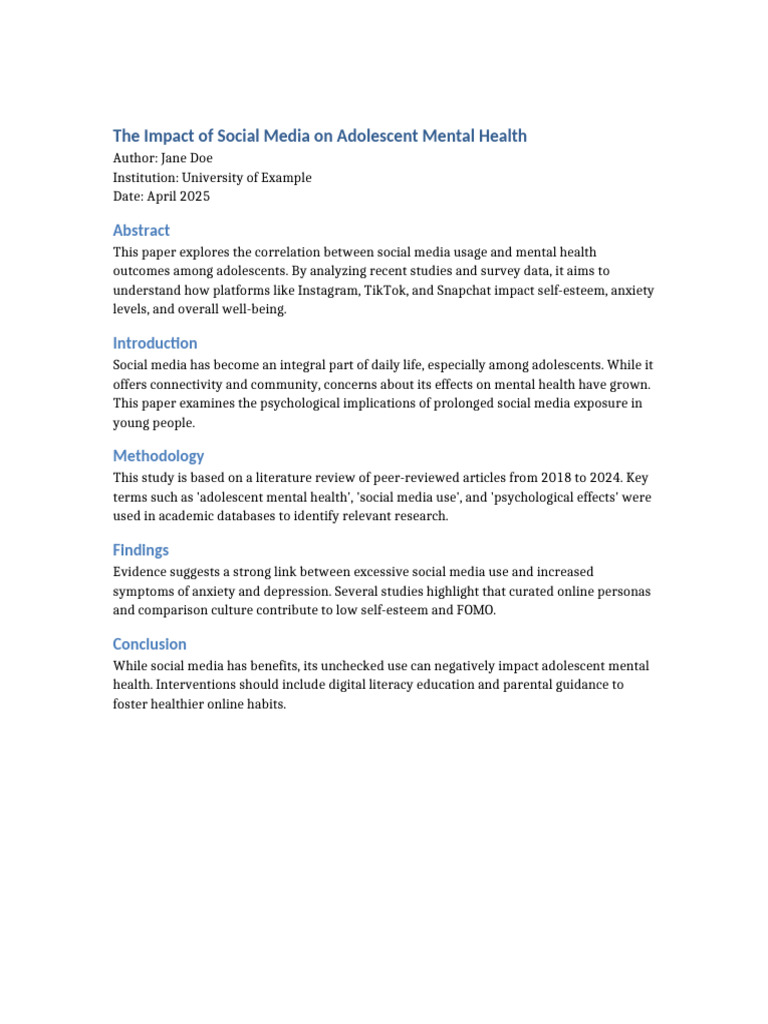 Impact of Social Media On Adolescent Mental Health | PDF