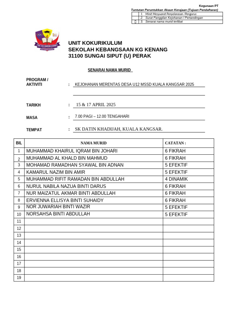 Borang Kebenaran Bawa Murid MSSD Merentas Desa U12 | PDF