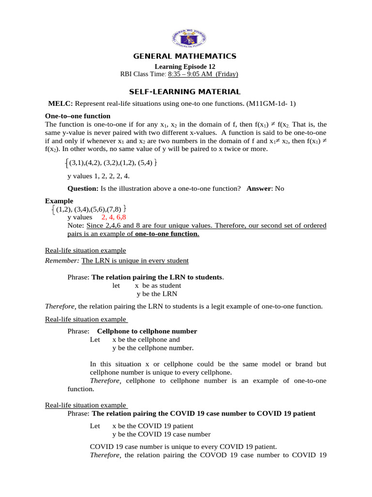 Grade 11 General Mathematics - SLM Episode 12 | PDF | Function ...