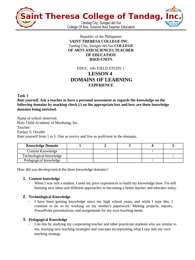 Lesson 4 FS 1 Domains of Learning | PDF | Lesson Plan | Mathematics