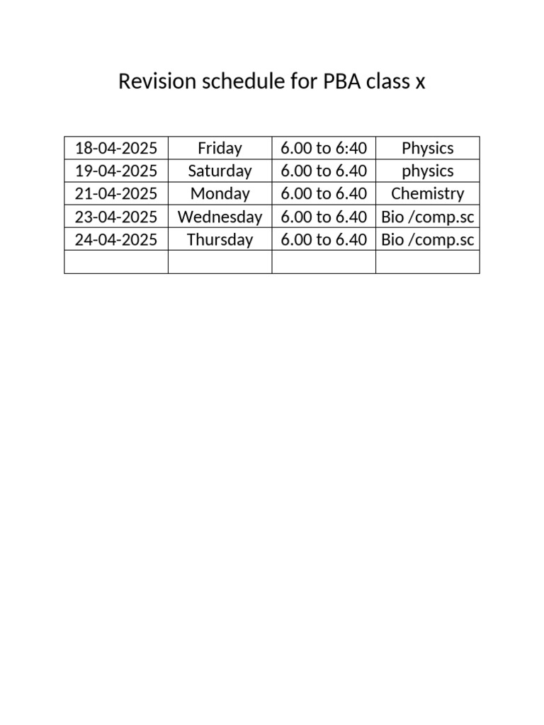 PBA Class X Revision Schedule 2025 | PDF