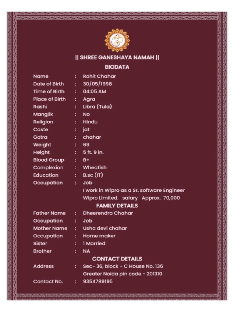 Marriage BIODATA Rohit PDF | PDF